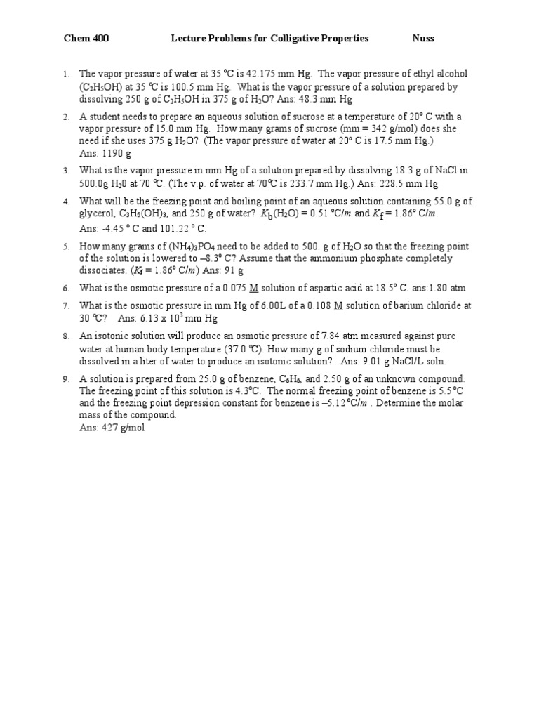 Lecture Problems For Colligative Properties | PDF | Solution | Mole (Unit)