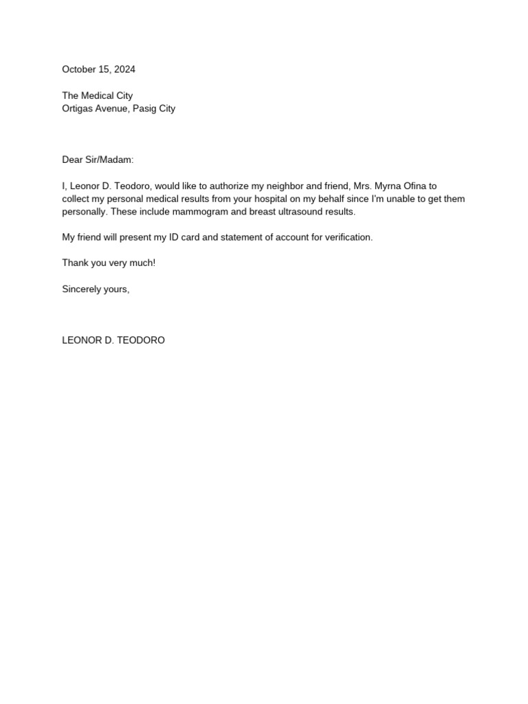 Authorization Letter for Medical Results | PDF