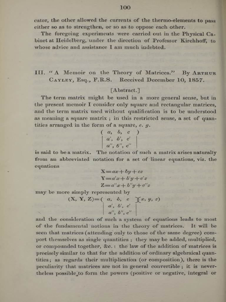 Cayley 1997 III A Memoir On The Theory of Matrices | PDF | Matrix ...