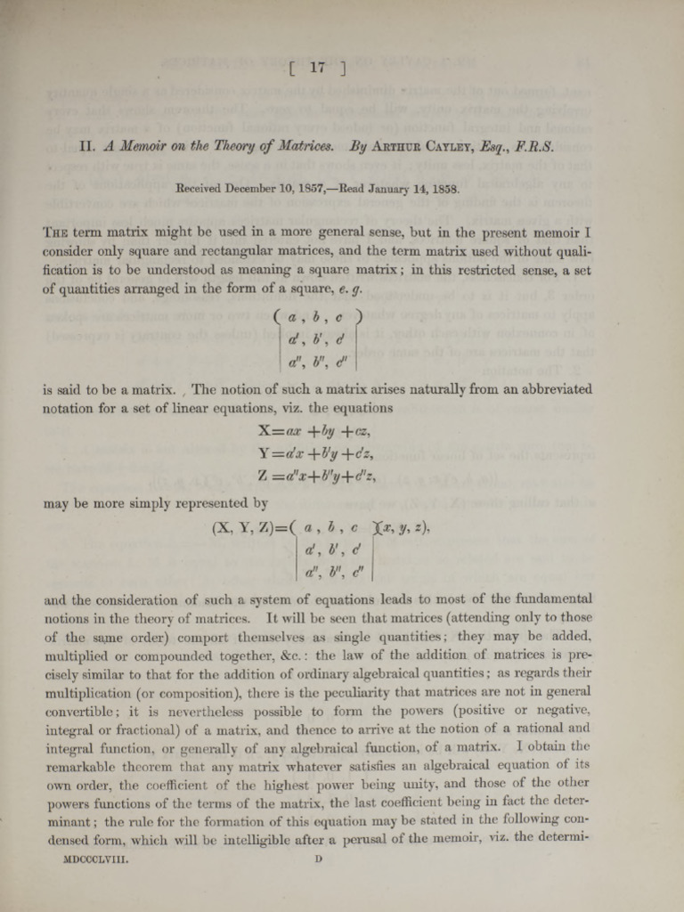 Cayley 1997 II A Memoir On The Theory of Matrices | PDF | Matrix ...
