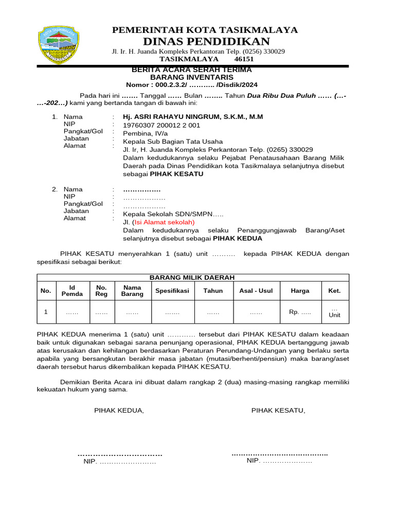 BAST_SERAH_TERIMA_BARANG_pihak ke 1 dinas & phak ke 2 kepala sekolah - | PDF