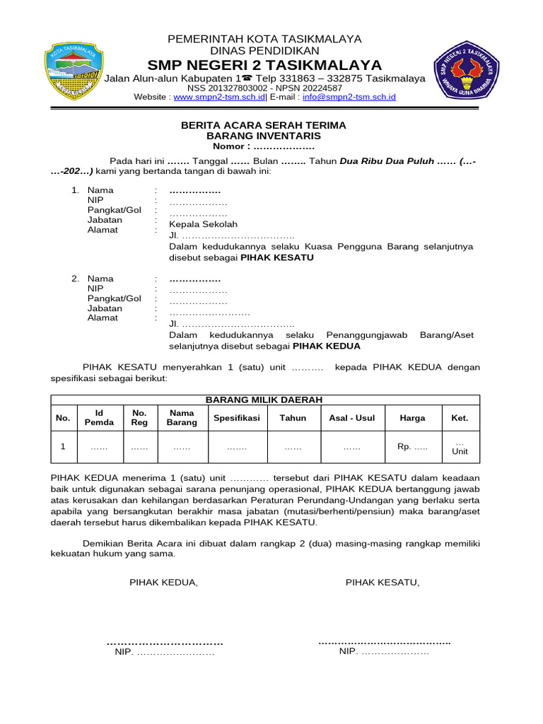 Berita Acara Serah Terima Inventaris SMPN 2 | PDF