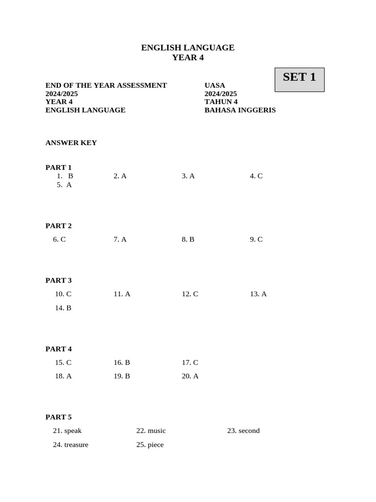 Uasa 2024 English Year 4 Set 1 - Answer Key | PDF