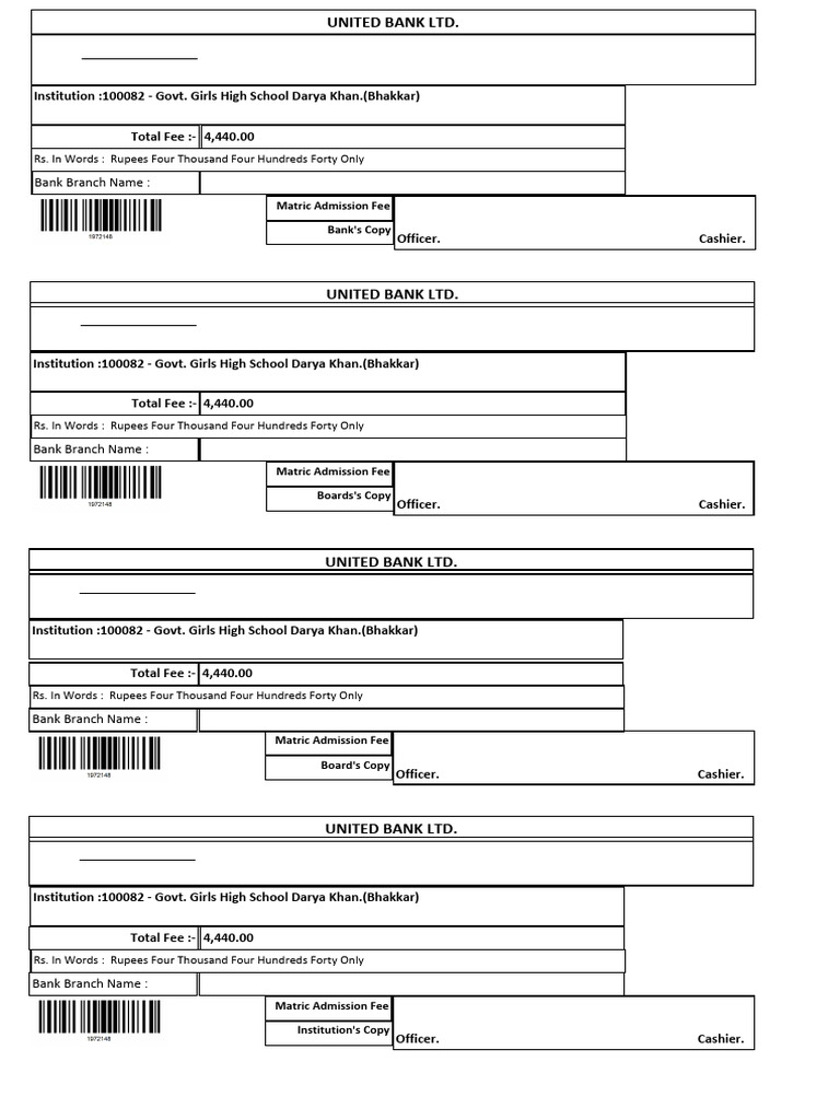 Bank Challan For Institutes 100082 | PDF