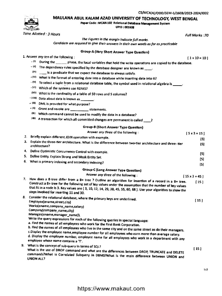 Mca 1 Sem Relational Database Management System Mcan 102 2024 | PDF