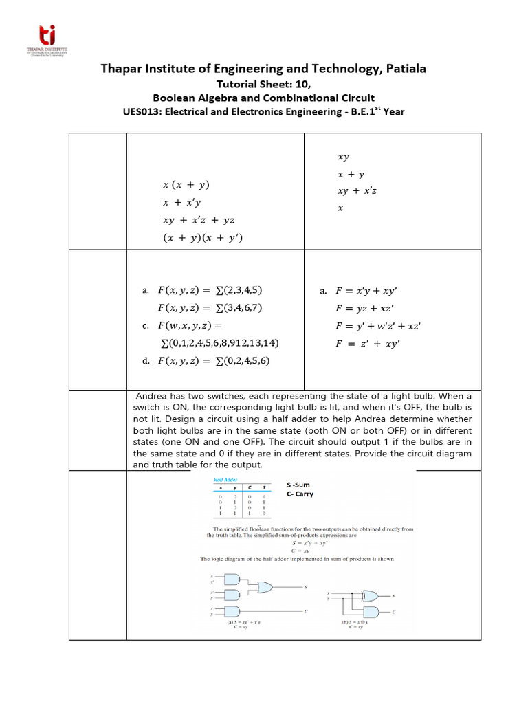 Tut 10 Boolean Algebra Combinational Circuit Pdf Logic Gate
