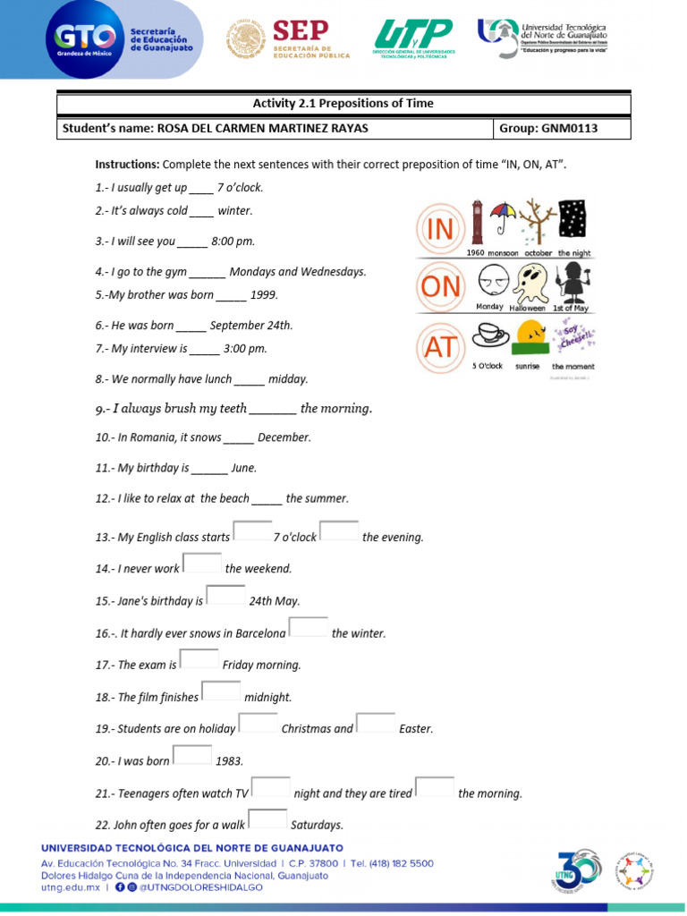 Activity 2.1 Prepositions of Time | PDF