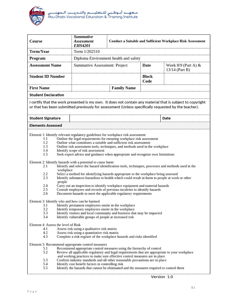 SUM ASMT 01 EHS4201 202510 v1.0 | PDF | Risk | Hazards
