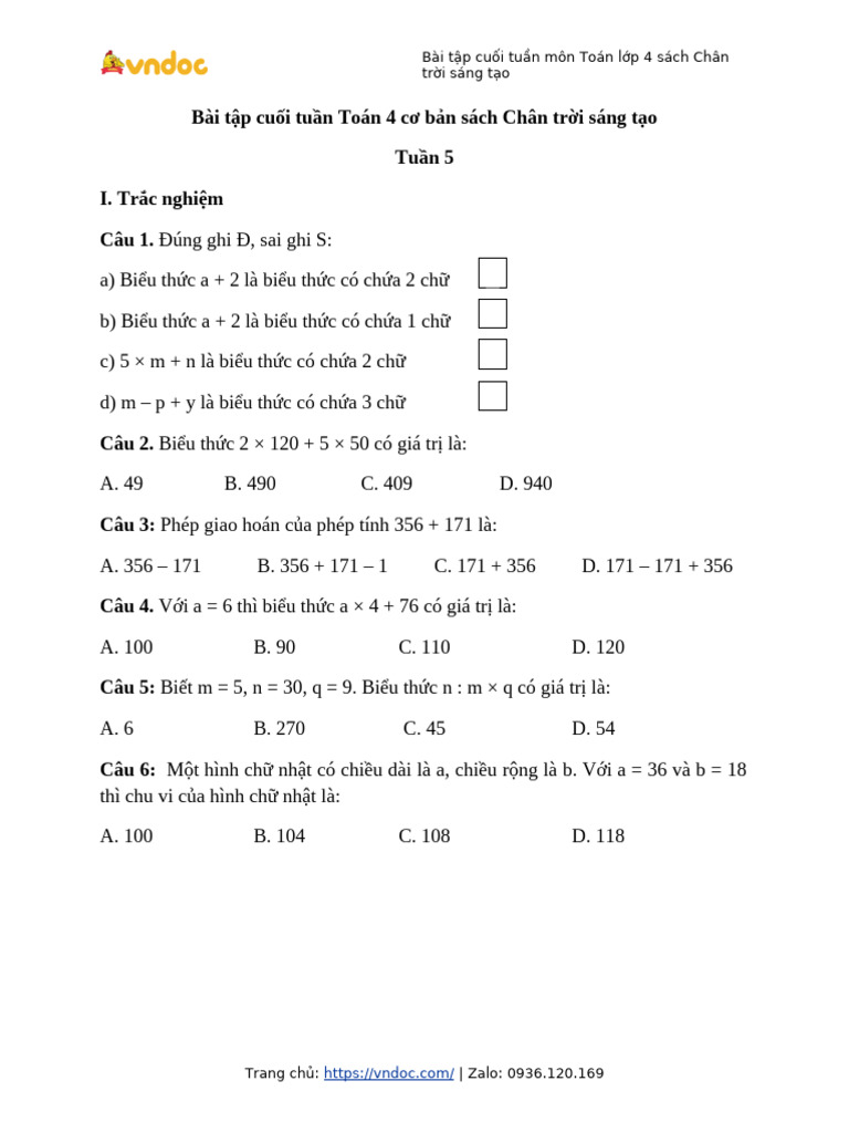 Phieu Bai Tap Cuoi Tuan 5 Toan 4 Co Ban CTST | PDF