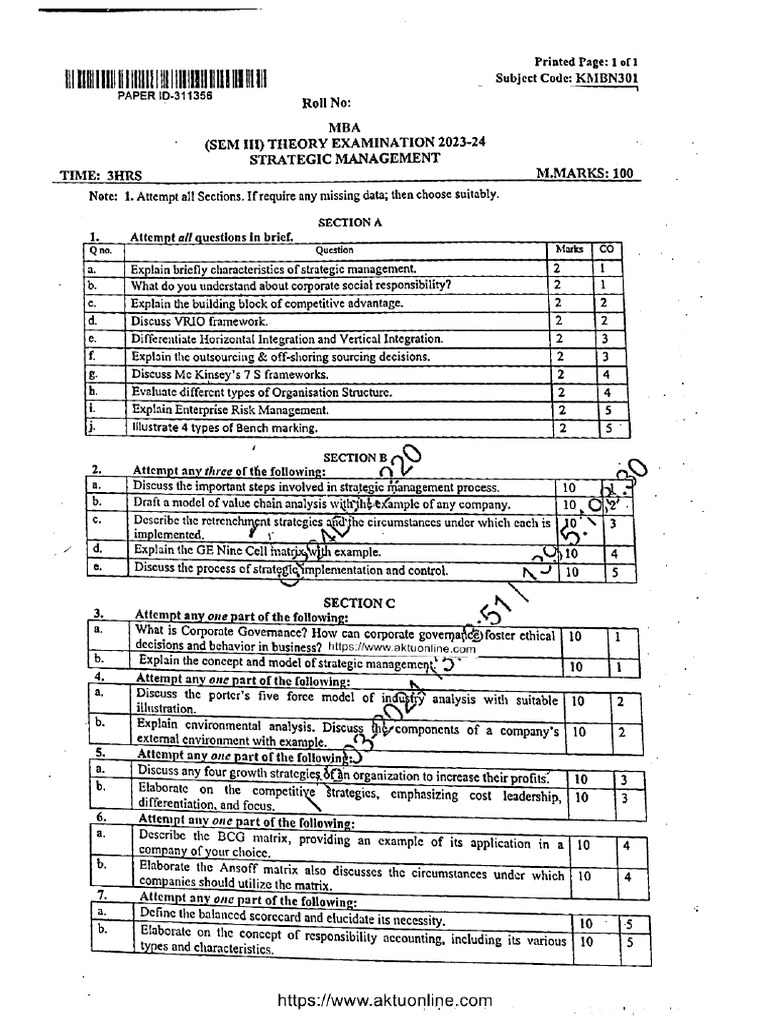 Mba 3 Sem Strategic Management Kmbn301 Mar 2024 (1) | PDF