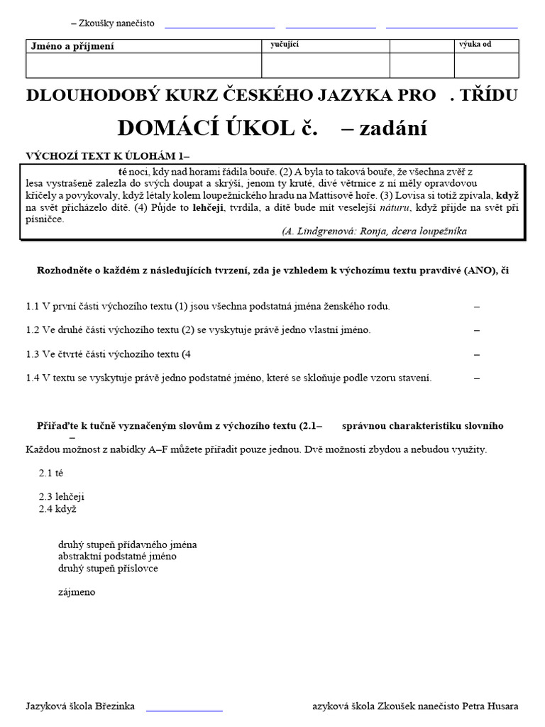 Dlouhodoby Kurz 5. Trida - 1. Lekce - DU Zadani | PDF