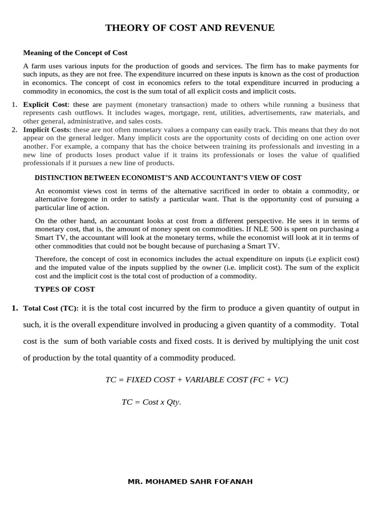 Theory of Cost and Revenue.. | PDF | Marginal Cost | Profit (Economics)