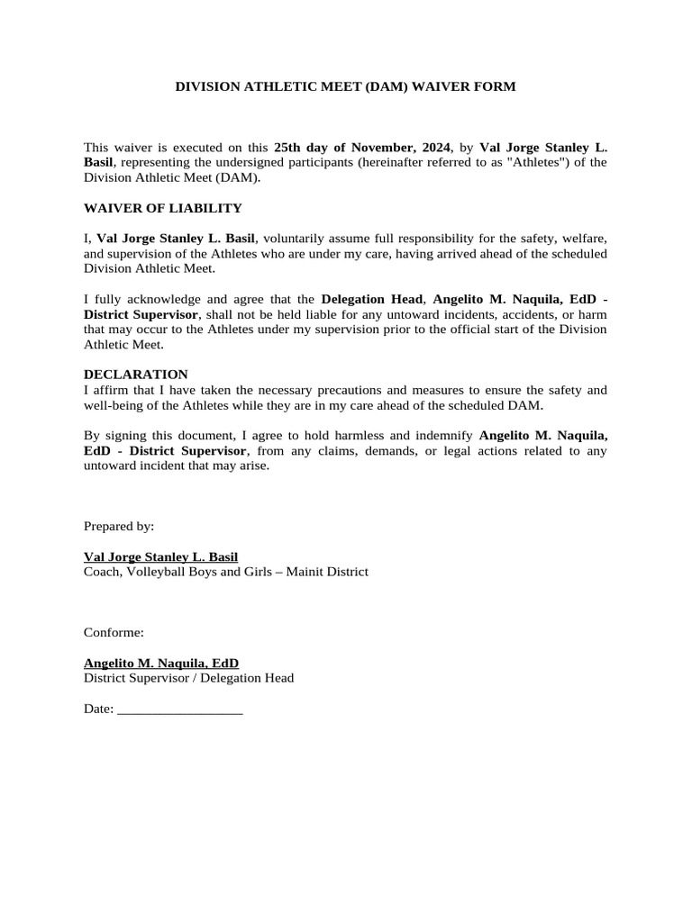 DAM Waiver Form for Athletes | PDF