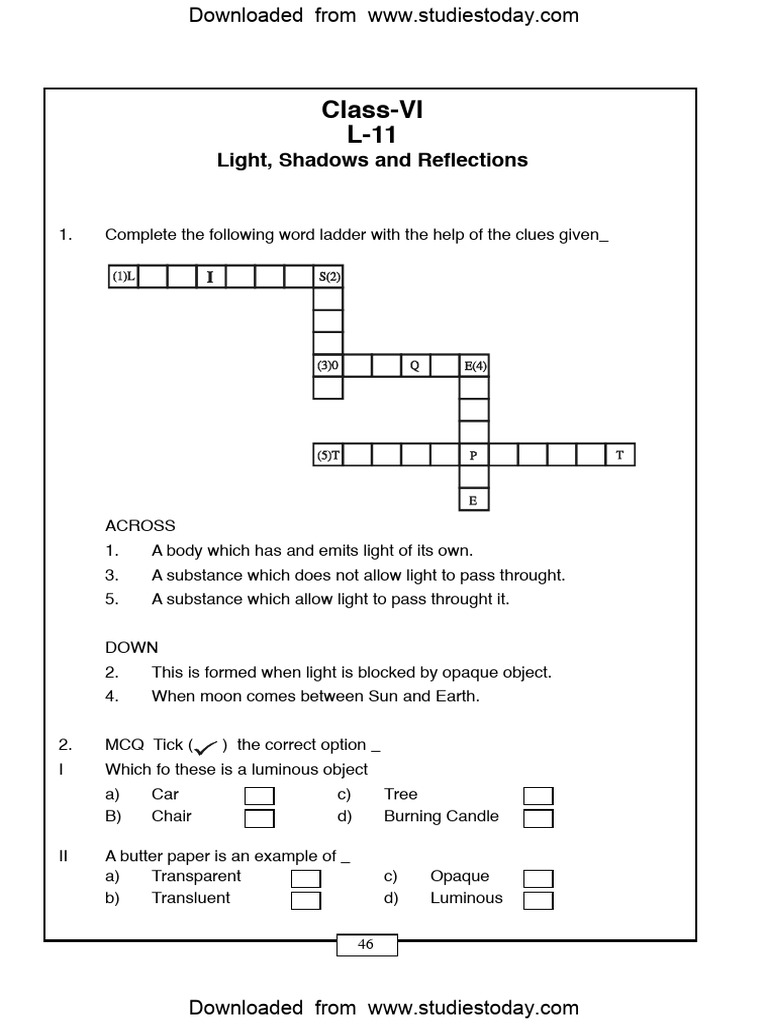 CBSE Class 6 Light, Shadows and Reflections Worksheet | PDF