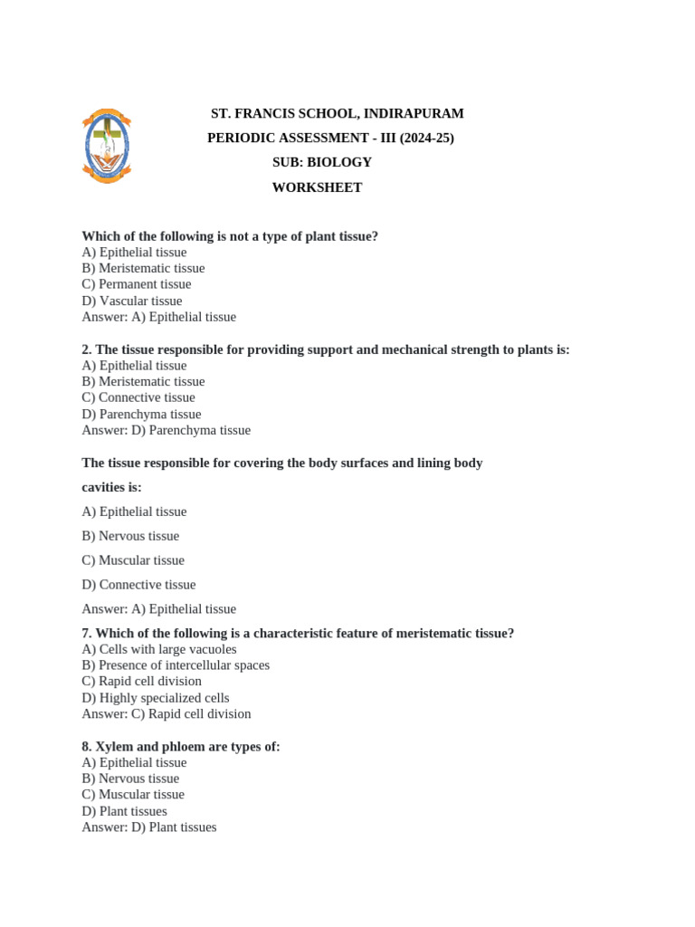 1731512800259_worksheet_biology_PA_3_with_answers_202425 | PDF | Tissue (Biology) | Lysosome