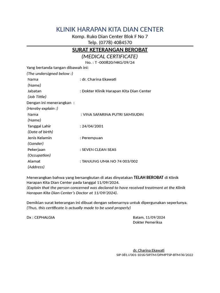 Surat Keterangan Berobat Klinik Dian Center | PDF