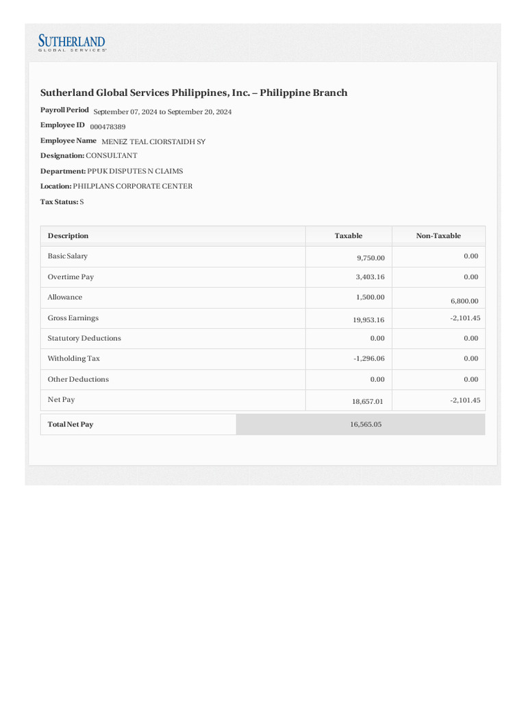 Sutherland Payslip Summary 2024 | PDF