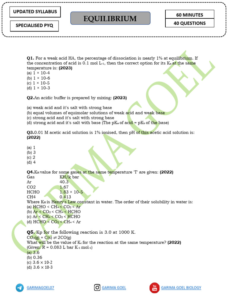 EQUILIBRIUM - 20 Years Specialized Pyq by Garima Goel | PDF | Acid | Chemical Equilibrium