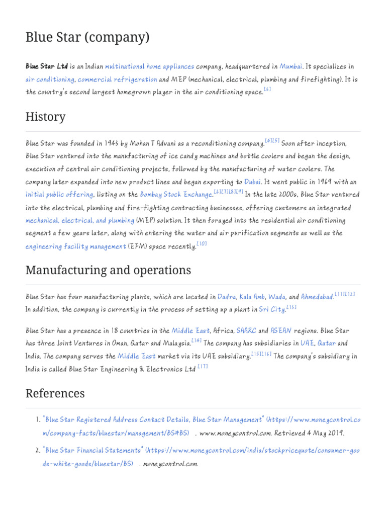 Blue Star (Company) - Wikipedia | PDF | Companies | Home Appliance