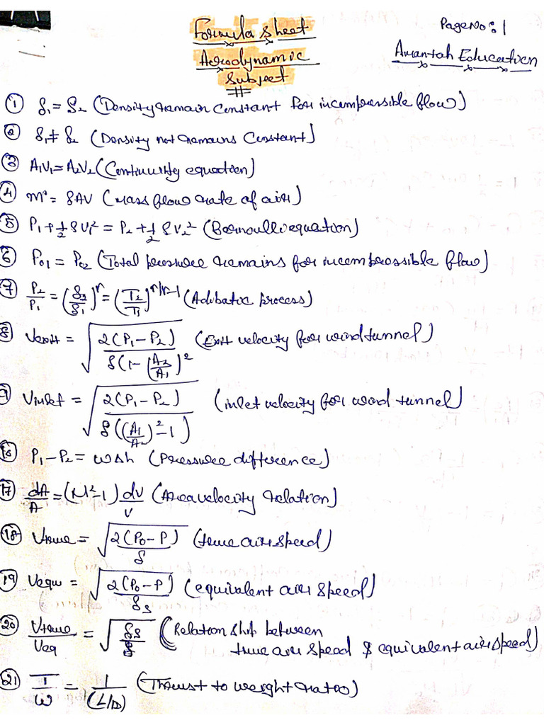Aerodynamic Formula Sheet | PDF