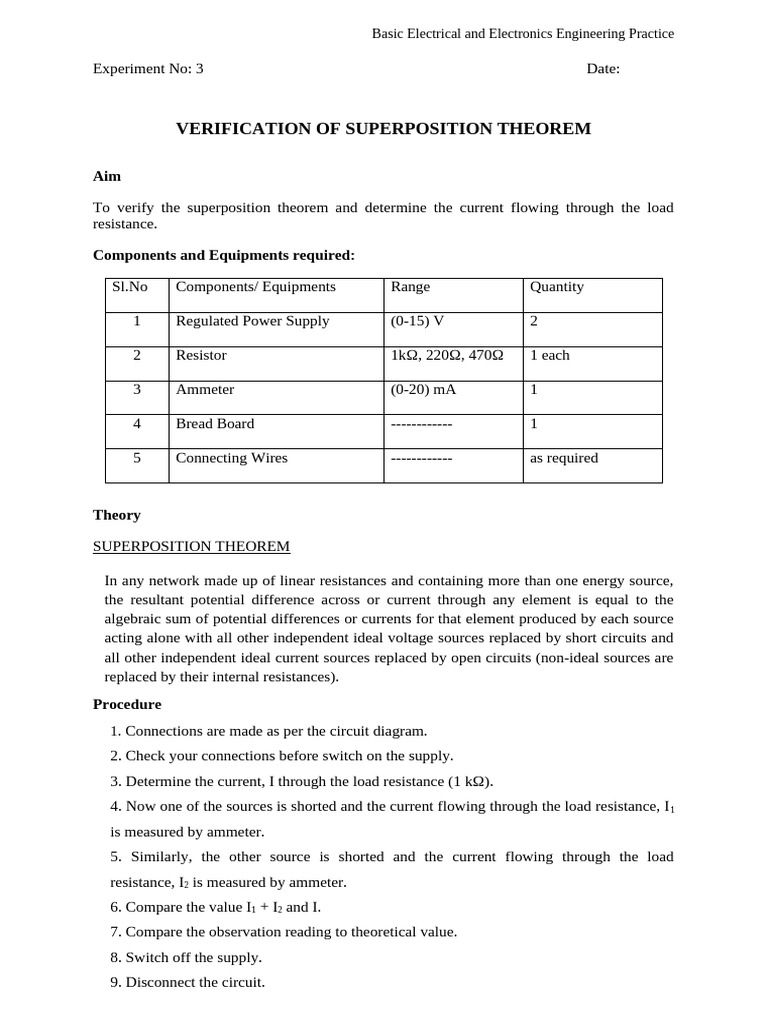Experiment 3 Verification Of Superposition Theorem Pdf