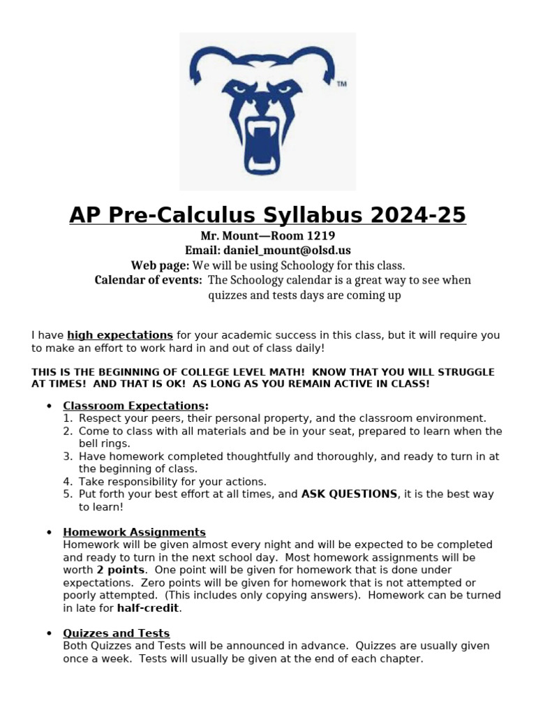 AP_Pre-Calc_Syllabus_24-25_171541 | PDF | Homework