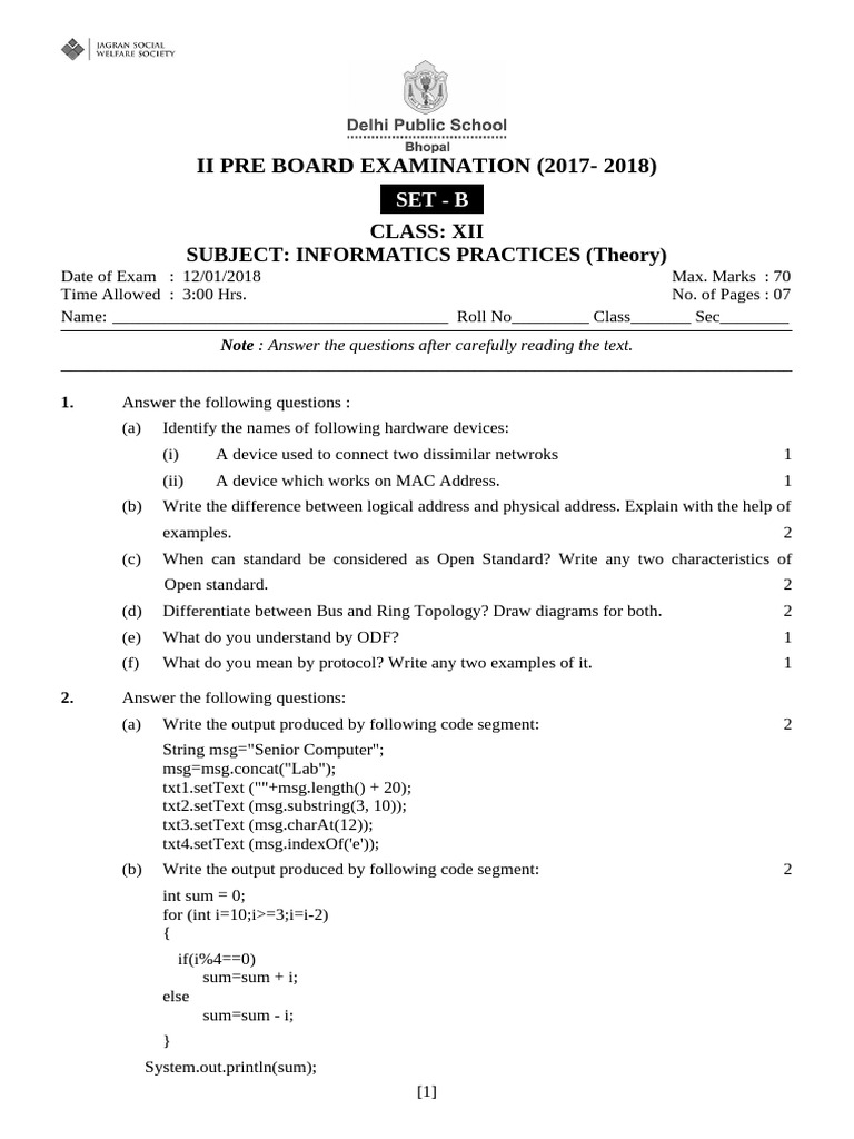 Ip-Xii-Pre Board Examination Ii 2017-18 (Set-B) | PDF | Software Engineering | Computing