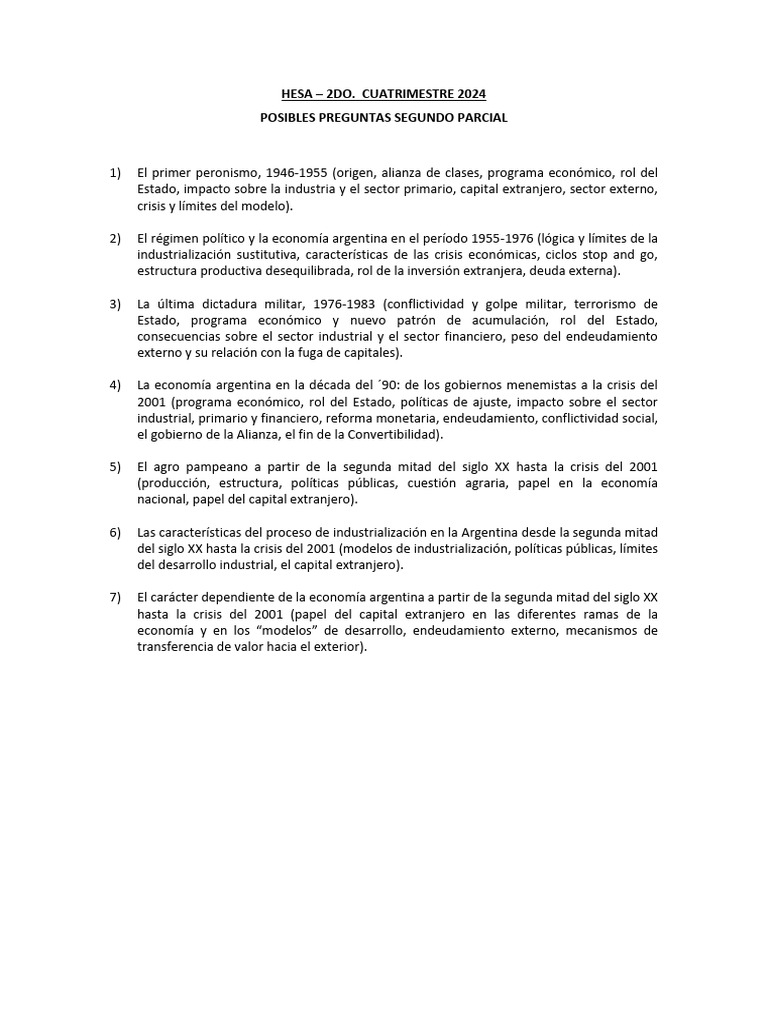 HESA 2C 2024 - Listado Posibles Preguntas Segundo Parcial | PDF