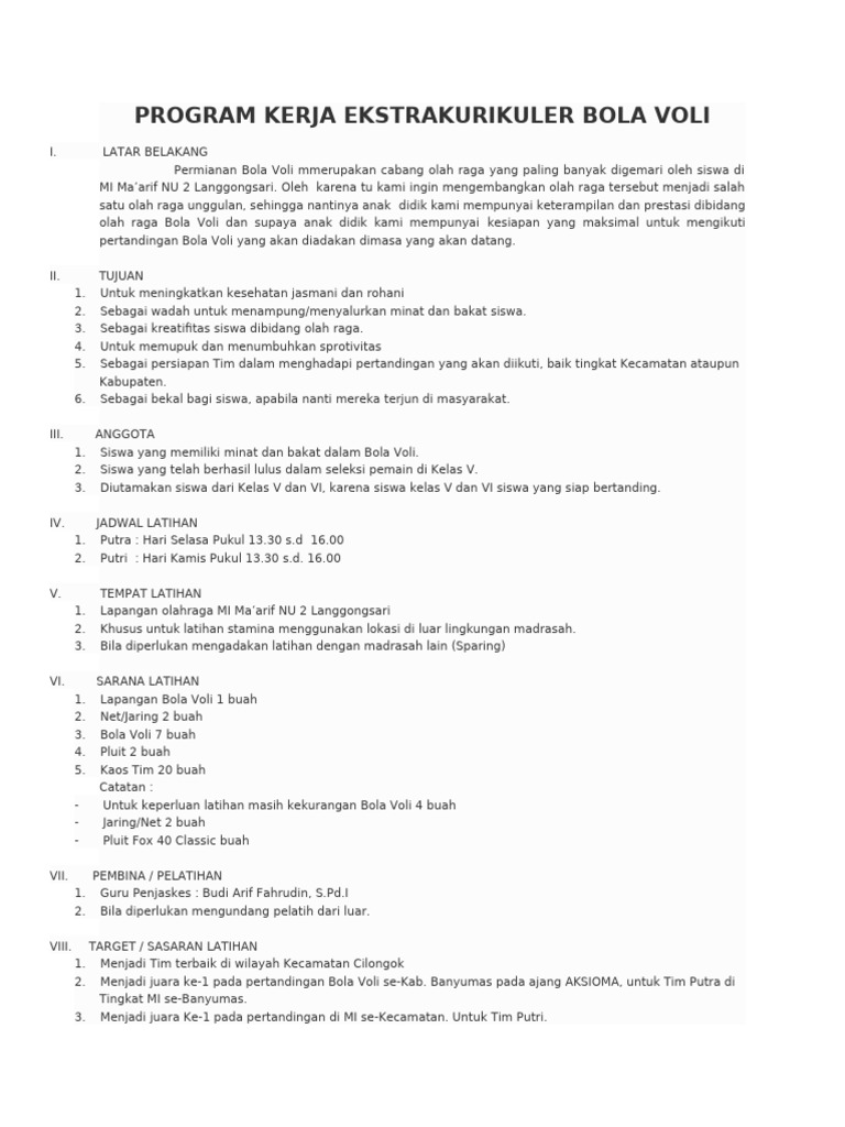Program Kerja Ekstrakurikuler Bola Voli | PDF