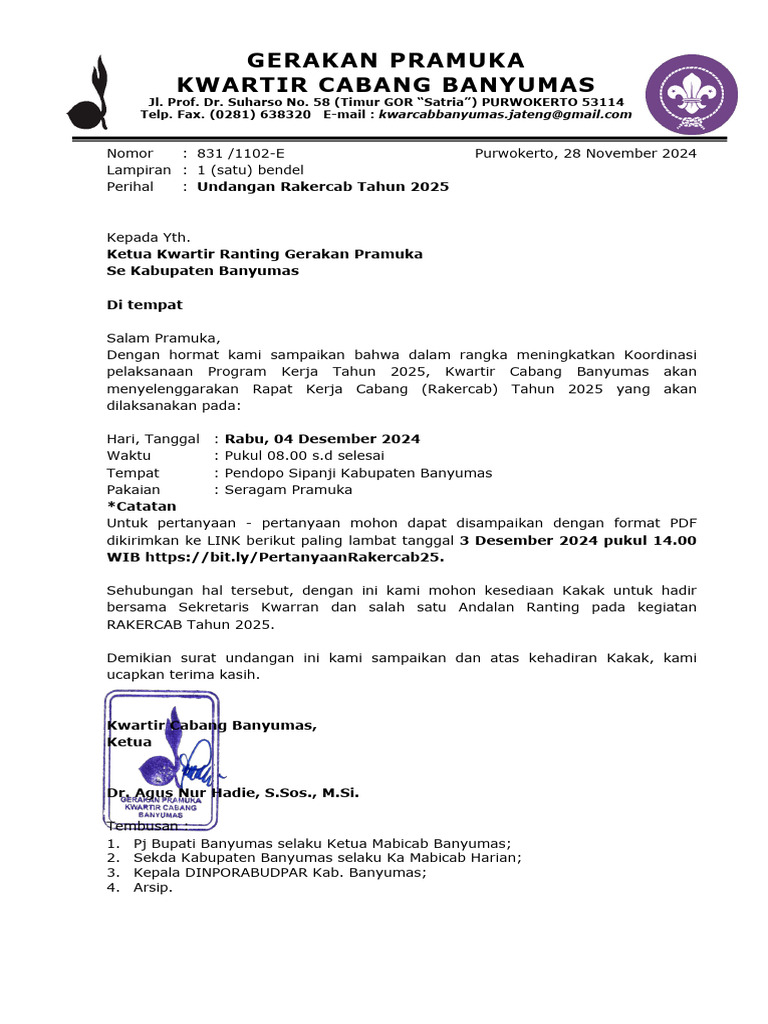KWARRAN-Surat Undangan RAKERCAB Tahun 2025 Tanggal 03 Desember 2024 | PDF