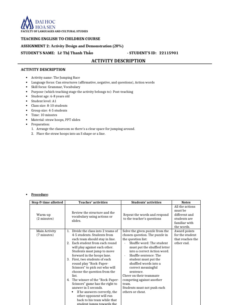 HSU Teaching English For Children Assignment 2: Activity Design Lesson Plan | PDF | Human ...