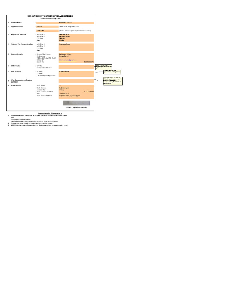 Master Vendor Creation Form Shivam Mi Fan | PDF