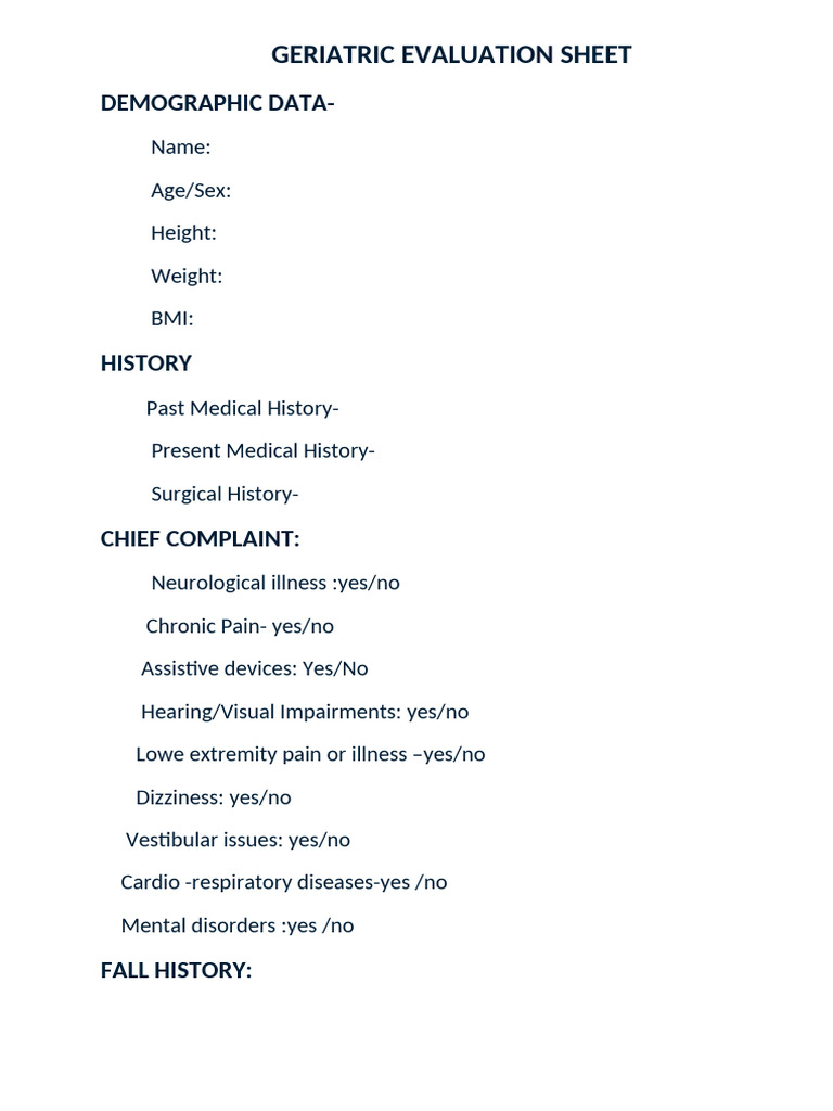 Geriatric Evaluation Sheet | PDF