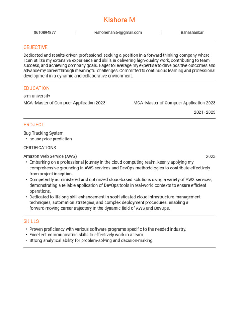 MCA Graduate with AWS Certification Resume | PDF