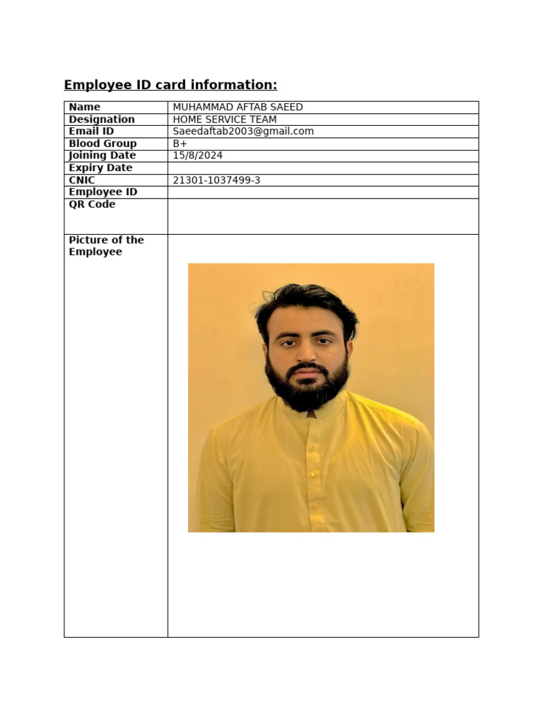 Aftab Employee Card Details | PDF