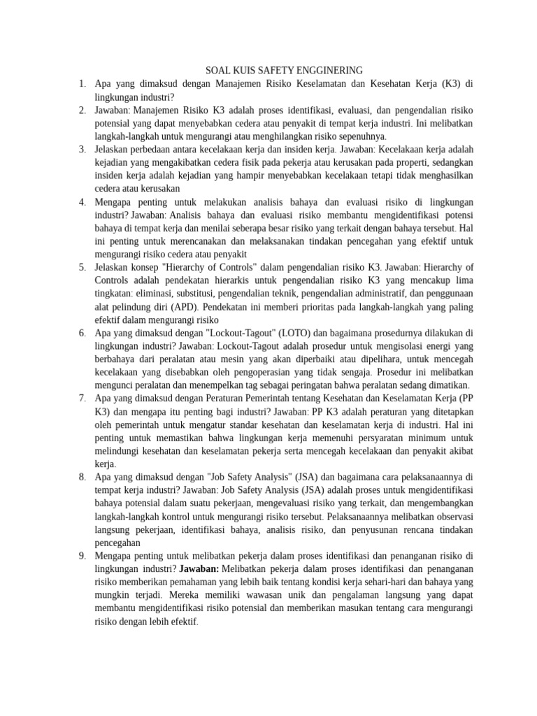 SOAL KUIS SAFETY ENGGINERING 1 | PDF