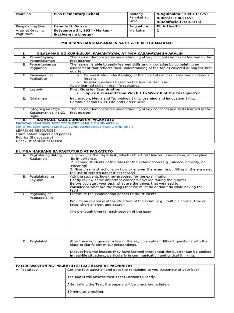 Tuesday Week 9 DLP Matatag Mapeh Grade 4 Quarter 1 | PDF | Human ...