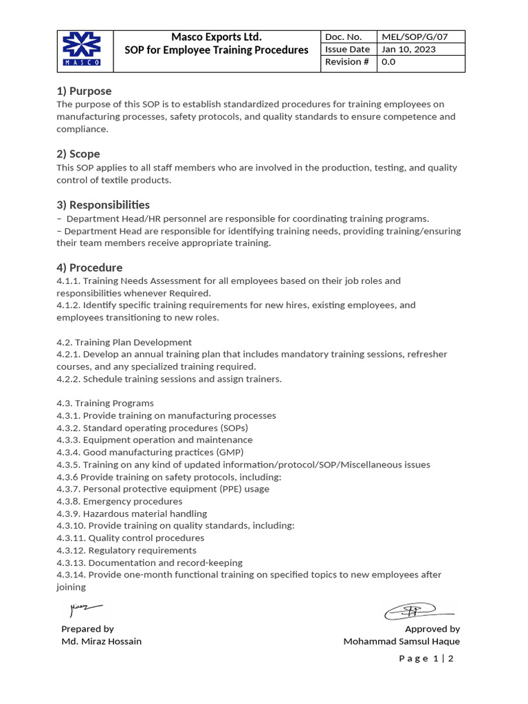 MEL-SOP-G-07 SOP For Employee Training Procedures | PDF