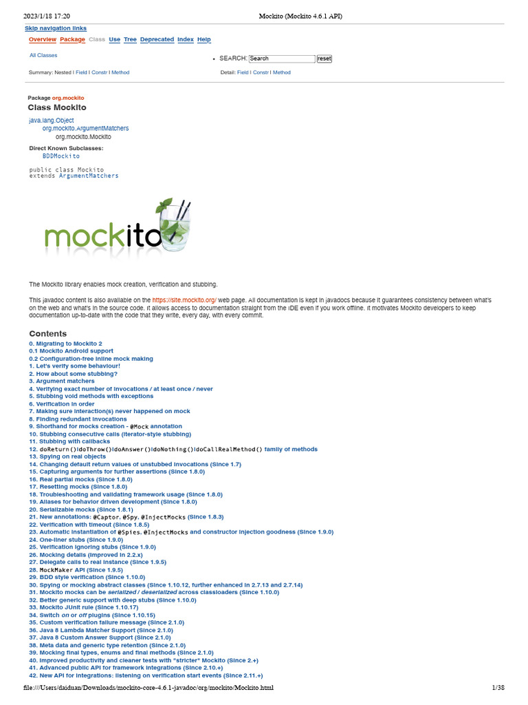 Mockito (Mockito 4.6.1 API) | PDF | Class (Computer Programming) | Parameter (Computer Programming)
