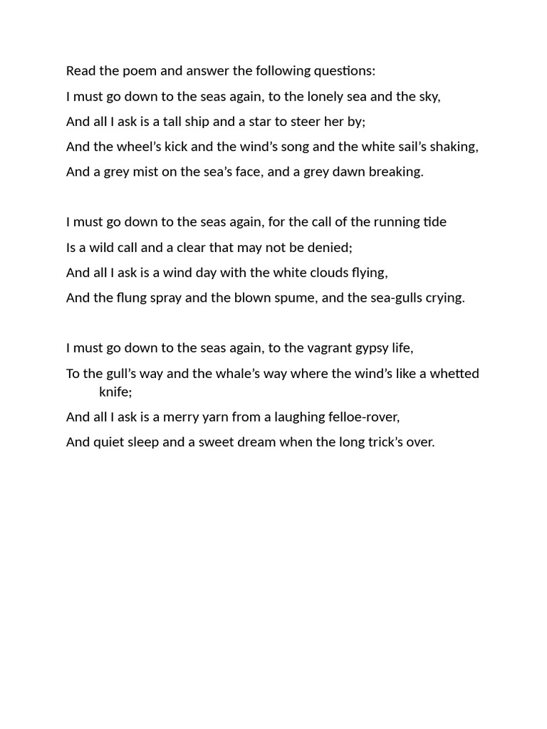 Read the Poem and Answer the Following Questions | PDF