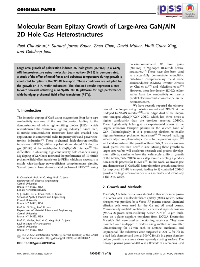 Molecular Beam Epitaxy Growth of Large-Area GaN AlN 2D Hole Gas Heterostructures | PDF | Field ...
