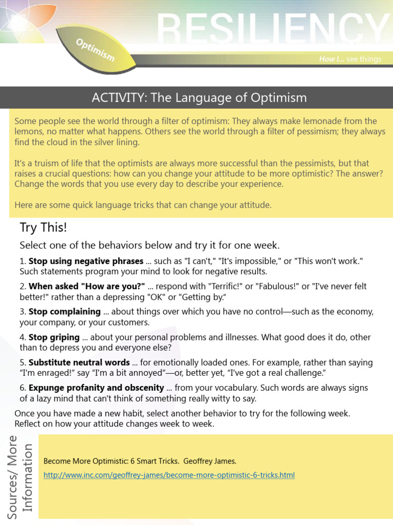 Resiliency - ACTIVITY The Language of Optimism 005201 | PDF