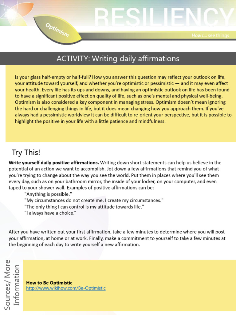 Resiliency - ACTIVITY Writing Daily Affirmations 025207 | PDF