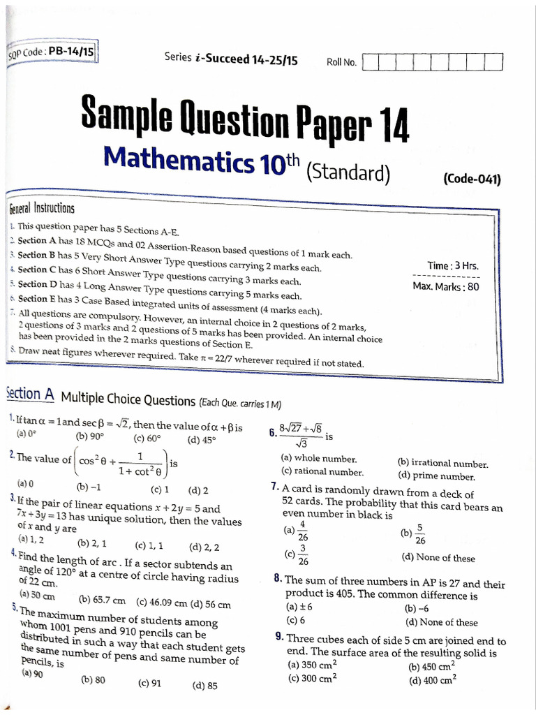 Maths Sample Paper 14 | PDF