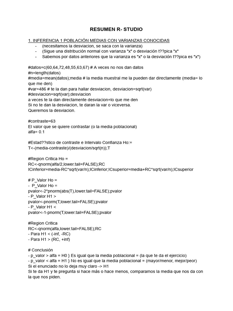 Resumen R - Studio | PDF | Valor P | Prueba T de Student