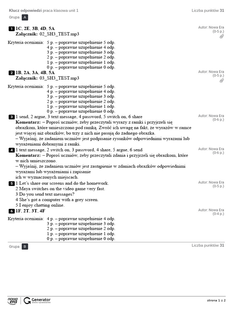 Praca Klasowa Unit 1 Klucz Odpowiedzi | PDF