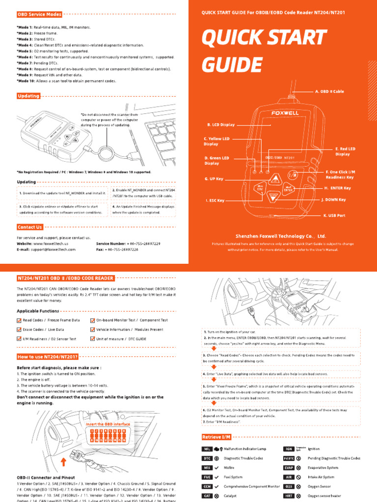 My Car OBD-II Scanner Tool Mini-Manual - NT201 Quick Start Guide | PDF