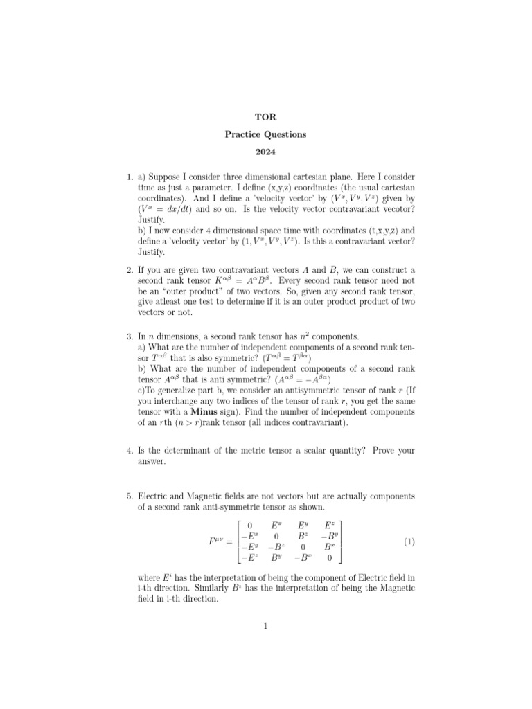 Practice Questions | PDF | Tensor | Euclidean Vector