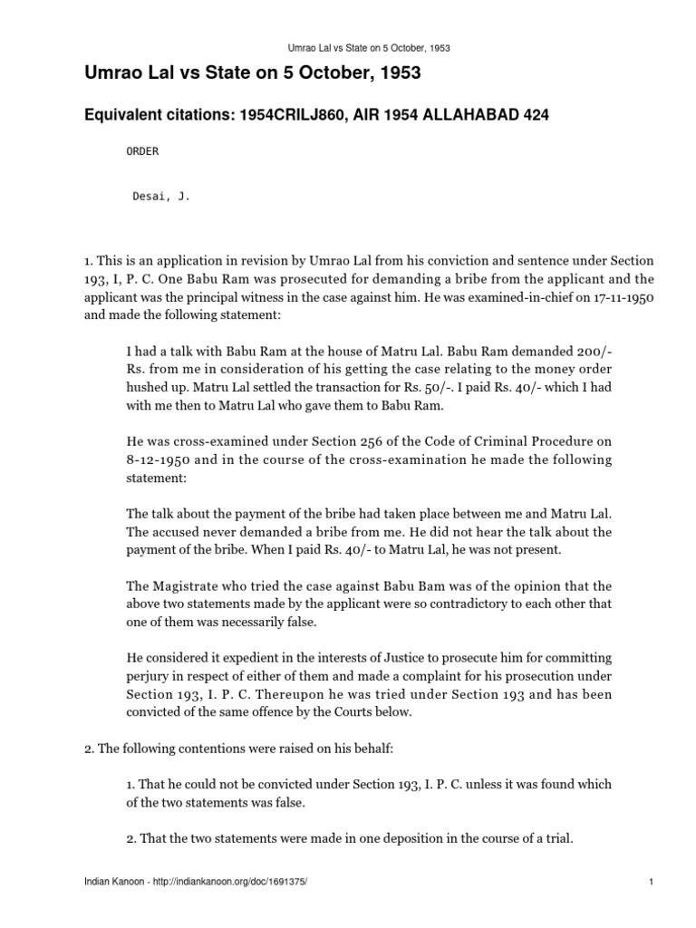 Umrao_Lal_vs_State_on_5_October_1953 | PDF | Perjury | Crimes