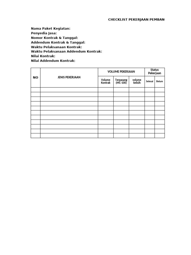 Format Checklist Pekerjaan | PDF